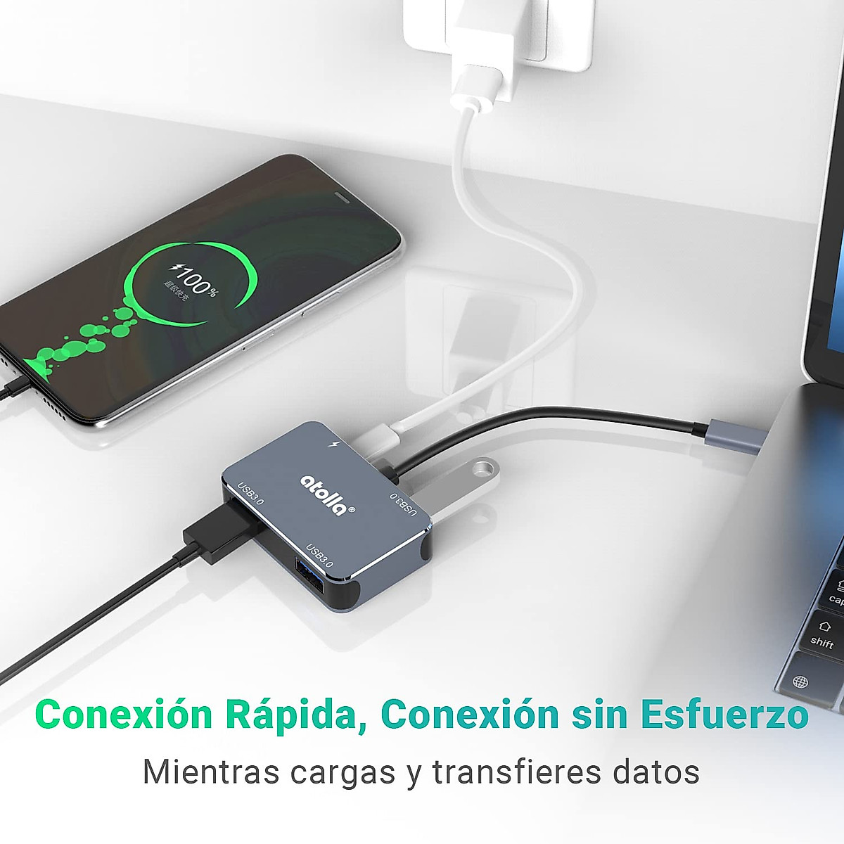 atolla USB C Hub – Aluminum 4-in-1 USB C Adapter with 3 USB 3.0 Ports & 60W Power Delivery Port for MacBook Pro/Air, iPad Pro, Chromebook, Dell and More