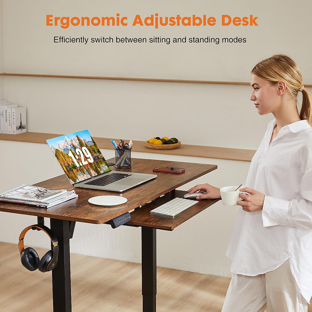 Sweetcrispy Electric Standing Desk Adjustable Height, 48 x 24 inch Stand up Sit Stand Desk with Keyboard Tray, Ergonomic Home Office Rising Table Computer Workstation Gaming Work Desk, Rustic Brown