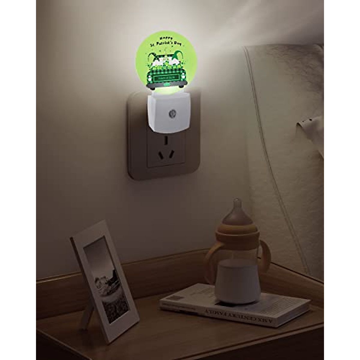 St.Patrick Day Gnomes Truck Night Lights Plug into Wall, Buffalo Plaid Green Shamrocks Auto Round LED Lights with Dusk to Dawn Sensor for Bedroom, Bathroom, Hallway, Kitchen, Kids, Home Decor