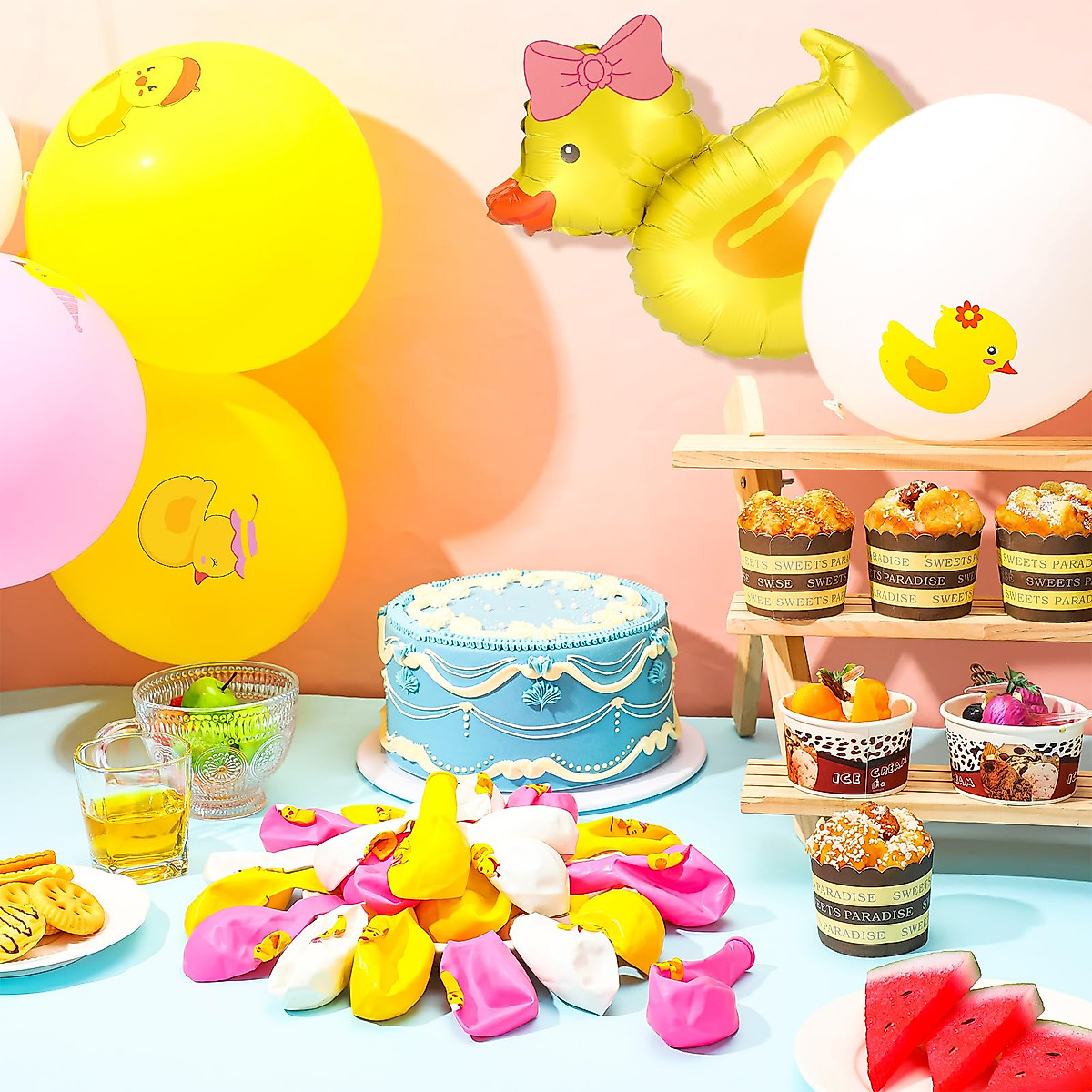 Sratte 40 Pcs Duck Balloon Rubber Duck Party Decorations 12 Inch Duck Shape Foil Balloons Blue Pink Yellow White Latex Balloon for Baby Shower Rubber Duck Themed Birthday Party Supplies (Bowknot)