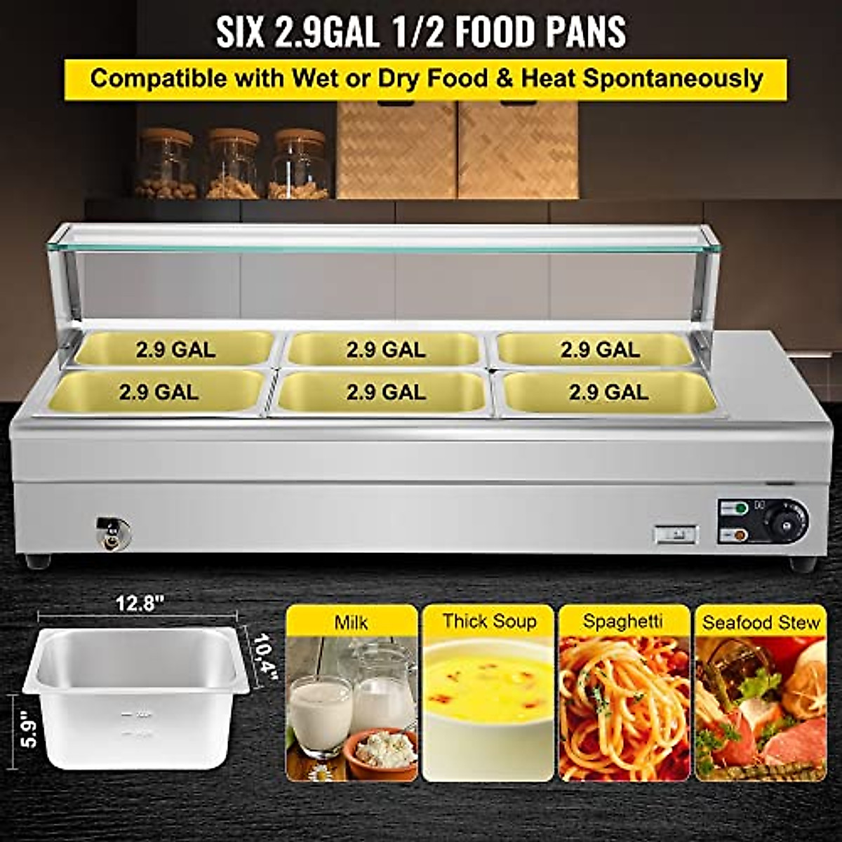110V Electric Countertop Food Warmer - 6 Pan x 1/2 GN, Commercial Food Steam Table with 6-Inch Deep Pans, Food Grade Stainless Steel, 1500W, 66 Quart Capacity, Tempered Glass Shield