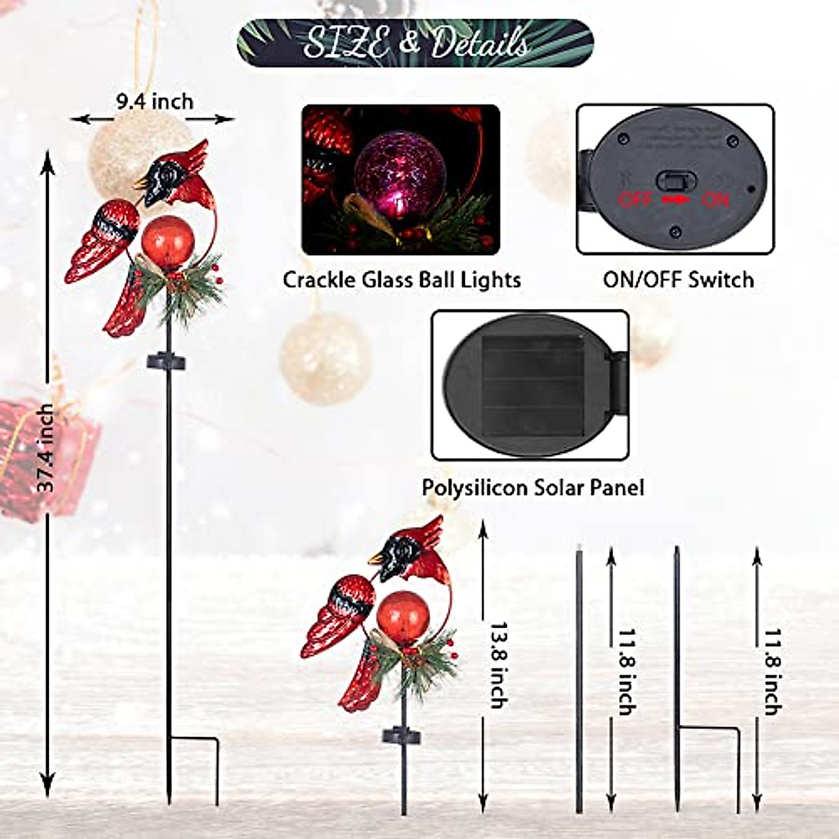 Viveta Pathway Lights Solar Powered, Cardinal Decor Figurine Solar Light, Cardinal Christmas Decorations Solar Garden Stake for Outdoor Yard Lawn Walkway Driveway