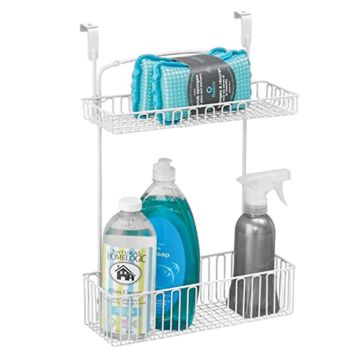 mDesign Steel Over Cabinet Kitchen Storage Organizer Holder or Basket - Hang Over Cabinet Doors in Kitchen, Pantry, Bathroom - Holds Dish Soap, Window Cleaner - Concerto Collection - Matte White