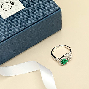 PEORA Simulated Emerald Ring in Sterling Silver, Infinity Knot Design, Round Shape, 6mm, 0.75 Carat Total, Comfort Fit, Size 8