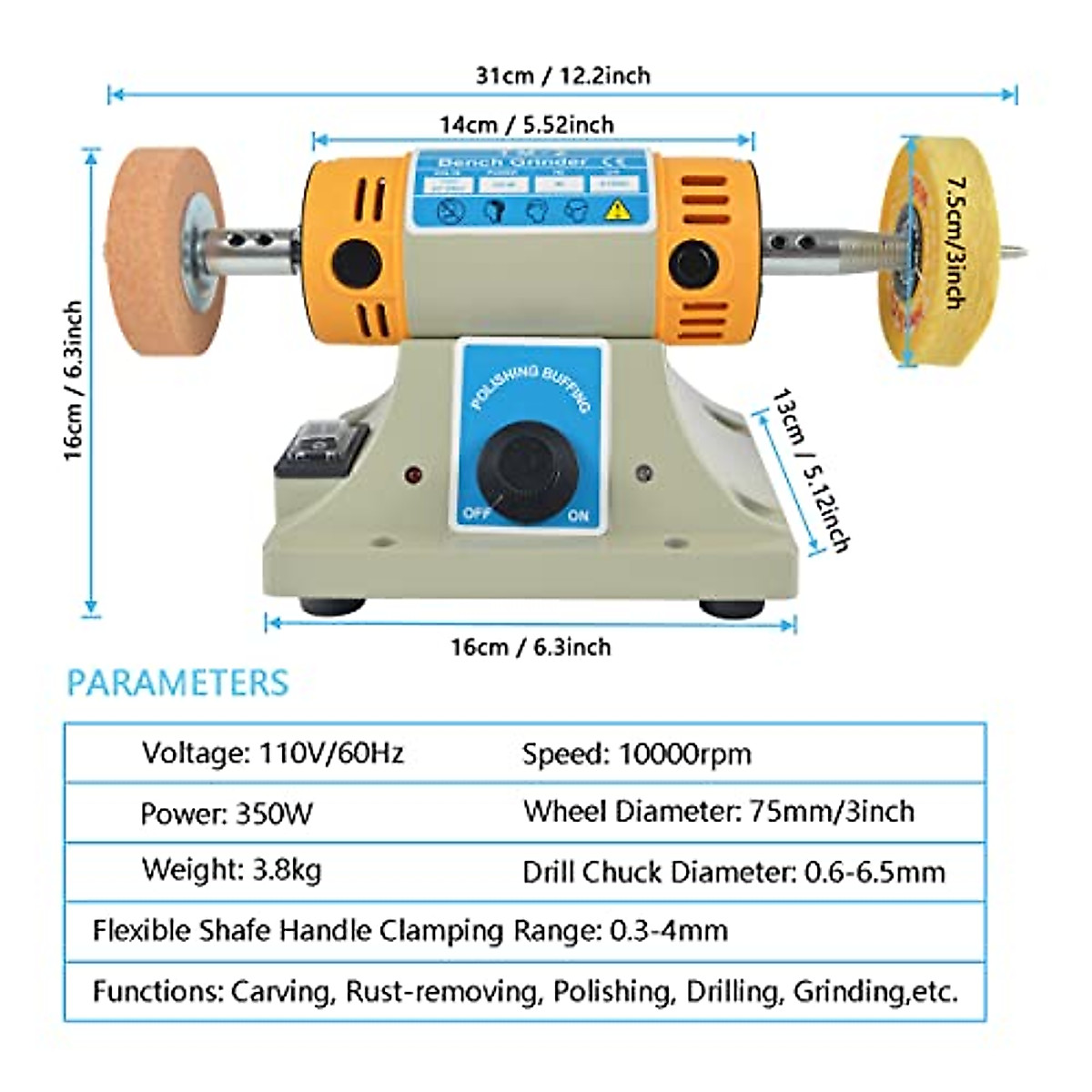 Rebrisbol Jewelry Buffer Polisher Bench Buffer Polisher with Accessories Multi-Function Electric Lathe Grinder for DIY Jewelry, Wood, Dental, Amber, Metal, Jade
