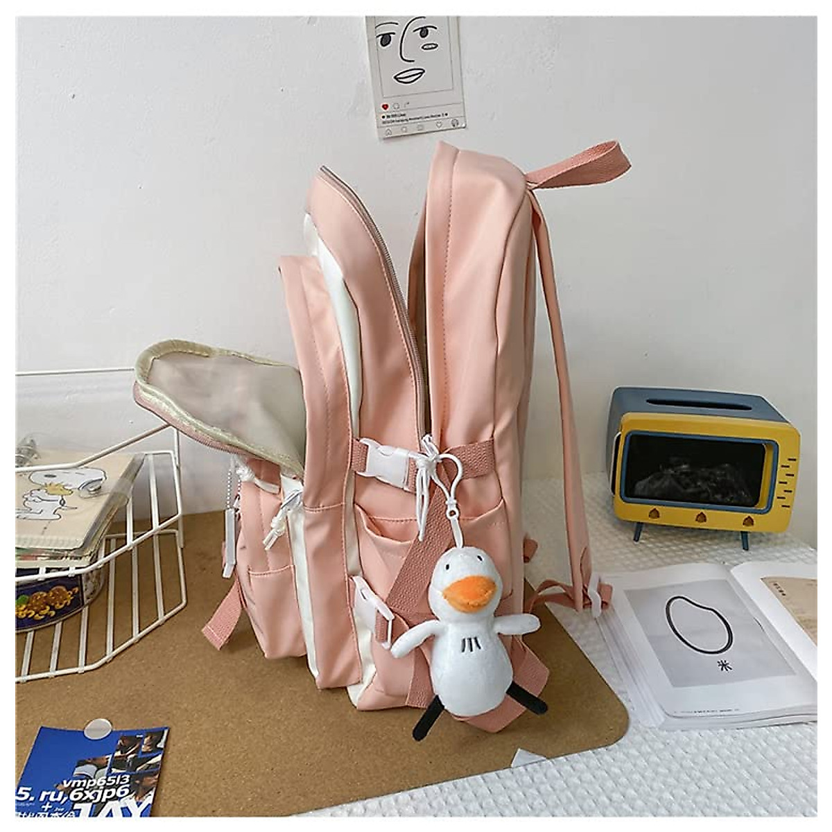 Kawaii Backpack with Cute Duck Plush, Aesthetic Student School Bags BookBag School Supplies Daypack Bag Rucksack (Blue), One Size