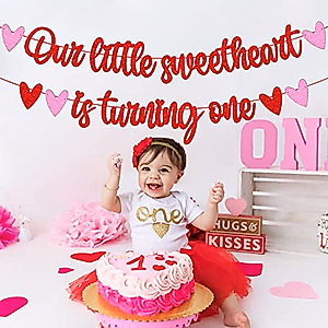 Valentine's 1st Birthday Banner Our Little Sweetheart is Turning One Heart Love Romantic Decorations for 1st One Year Old Kids Boy Girl Happy Bday Party Supplies