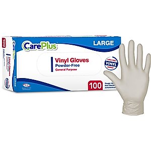 Care Plus Disposable Vinyl Gloves Large Size | Heavy Duty | Non Sterile | Powder Free | Latex Free Rubber | 100 Count Box |food Safe
