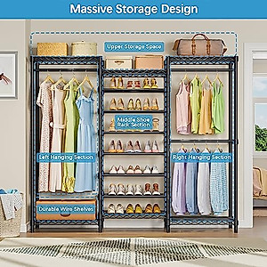VIPEK S3 Heavy Duty Garment Rack Free Standing Clothes Rack Closet Storage Organizer Large Wardrobe with 6-Tier Shoe Rack, Hanging Rod, Adjustable Shelf, 68.9" L x 15.7" W x 76.4" H, Black