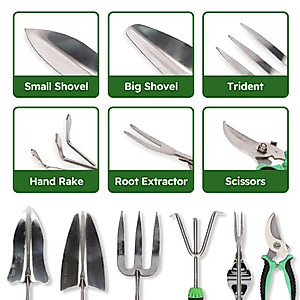 Garden Tool Set - Stainless Steel Heavy Duty Gardening Tool Kit, 9 Pieces, Rubber Non-Slip Handle, Large Storage Organizer Bag, 1.0L Dual Watering Can with Sprayer, Gift for Gardener Women and Men