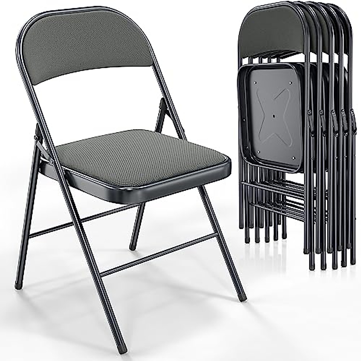 VINGLI Folding Chairs with Padded Seats, Metal Frame with Fabric Seat & Back, Capacity 350 lbs, Gray, Set of 6