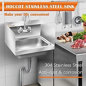 HOCCOT 304 Stainless Steel Sink, Wall Mounted Commercial Restaurant Sink, Hand Washing Sink with Side Splashes, Utility Sink for Restaurant, Kitchen, Bar, Outdoor, Garage, 17"x 15"