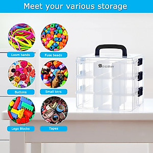 SEHERTIWY Plastic Organizer Box for Adult, 3-Tier Stackable Storage Container with 18 Adjustable Compartments, Lego Storage Box with Handle, Craft & Sewing Supplies Storage for Beads Jewelry, Clear