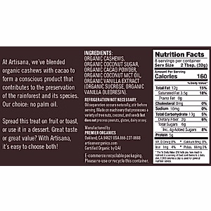 Artisana Organics Cashew Cacao Spread, 9.5oz | Sweetened with Coconut Sugar, No Palm Oil