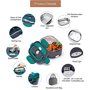 Portable Electric Lunch Box with Fast Charger, Mini Microwave Food Warmer for Adults, 1.5L Stainless Steel Food Containers, 60W Leak Proof Food Warmer 110V 12V 24V for Truck Home Office - Grey