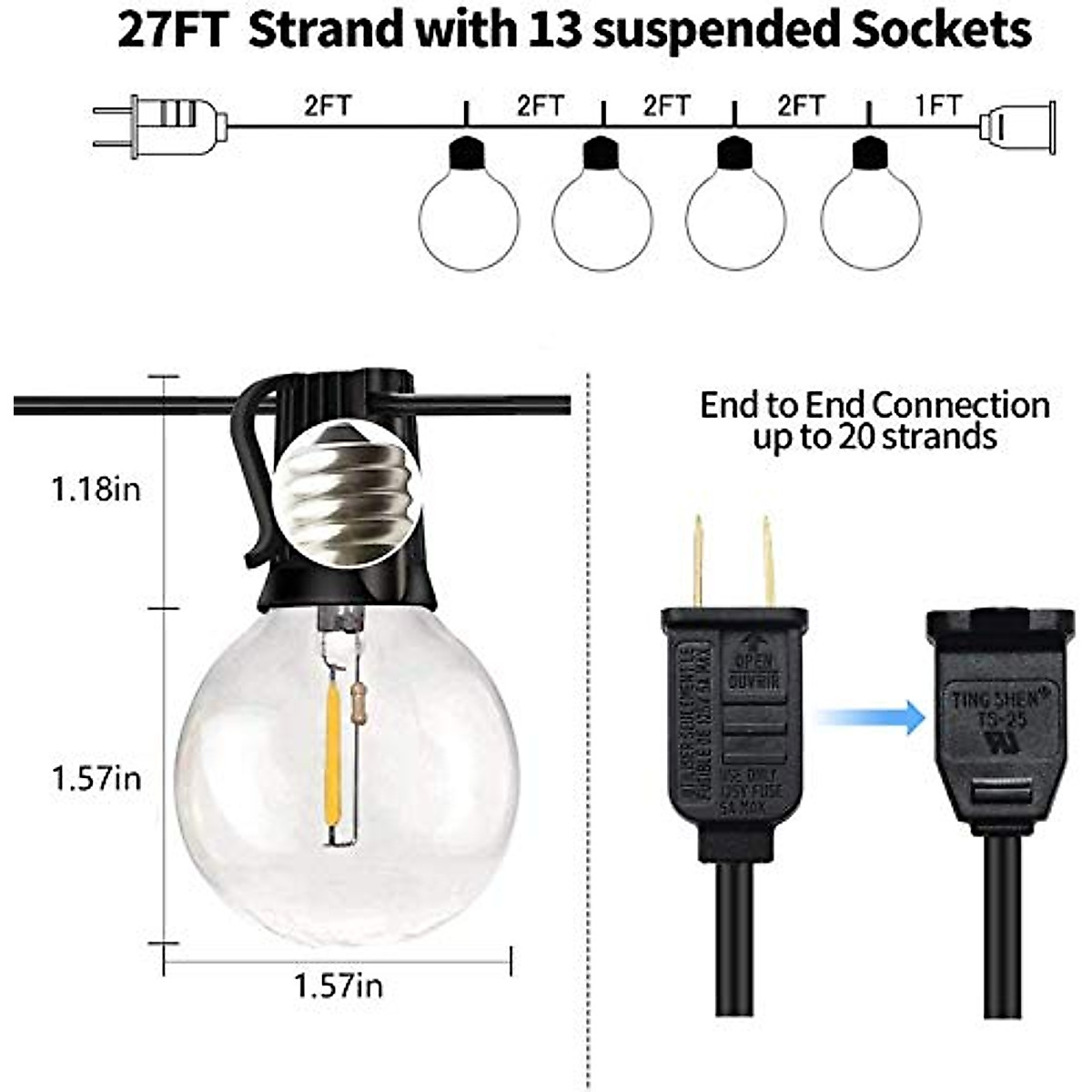SUNTHIN Globe Outdoor String Lights, 27FT Patio Lights with 14 G40 Shatterproof LED Bulbs(1 Spare), Waterproof Hanging Lights String for Outside Backyard, Porch, Deck, Party, Garden