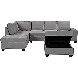 Acosure 112" Modern L-Shape Couch Set with Reversible Chaise,Sectional Convertible Sofa W/Storage Ottoman & 2 Cup Holders,Easy Assembly,6 Seat Sleeper Furniture for Living Room Apartment,Gray Velvet