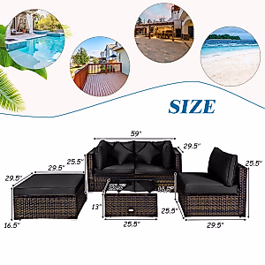 Tangkula 5 Piece Patio Rattan Furniture Set, Outdoor Sectional Rattan Sofa Set with Back & Seat Cushions, Wicker Conversation Set with Tempered Glass Table for Backyard Porch Poolside (Black)
