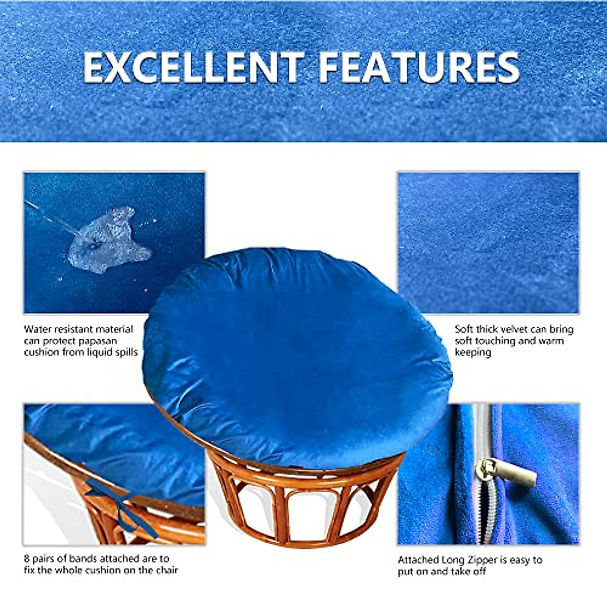 Papasan Cushion Cover Only, Indoor Dutch Velvet Smooth Soft Zippered Slipcover for Papasan Round Egg Chair Cushion,Machine Washable Unfading with Attached 8 Pairs Straps(Fits 43-48in Round Cushion)