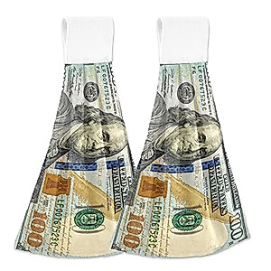 100 Dollar Bill Printed Hanging Kitchen Towels 2 Pieces Absorbent Tie Towel Dish Cloth Soft Hand Towel Tea Bar Towels for Bathroom Restroom Home Decor