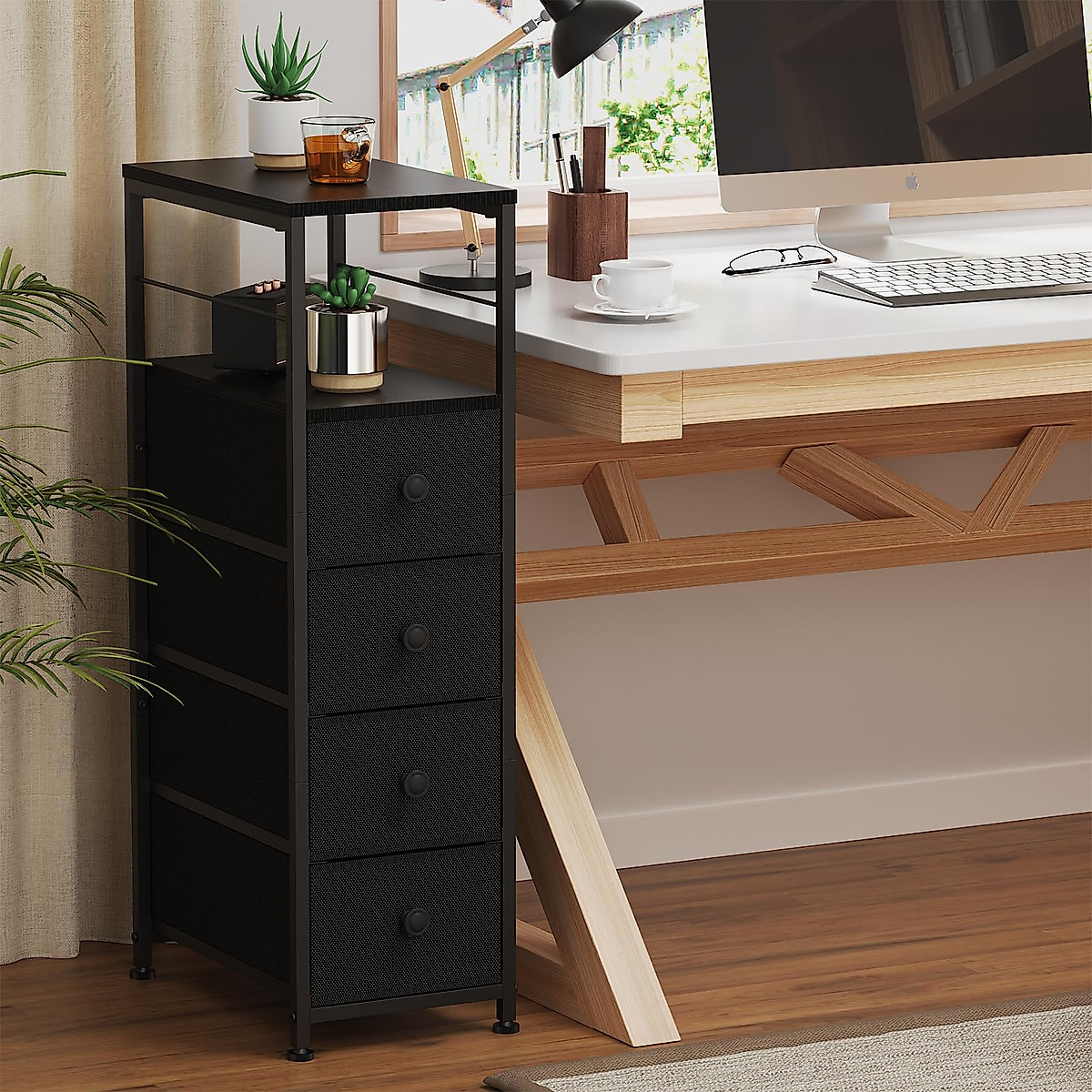 YBING Narrow Dresser for Bedroom, Slim Chest Organizer Nightstand, 4 Fabric Drawers with Wood Shelf, Side Tables for Small Spaces, Black