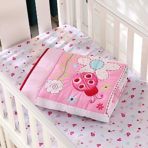 VIVILINEN Pink Ladybird Baby Crib Bedding Set for Girls 3 Pieces Bird Flowers Infant Toddler Nursery Comforter Sets with Crib Quilt Baby Blanket Fitted Sheet Crib Skirt for Standard Size Crib