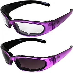 Birdz Eyewear Chill Women's Motorcycle Sunglasses Padded 2 Pairs Purple Frames Clear & Super Dark Lenses