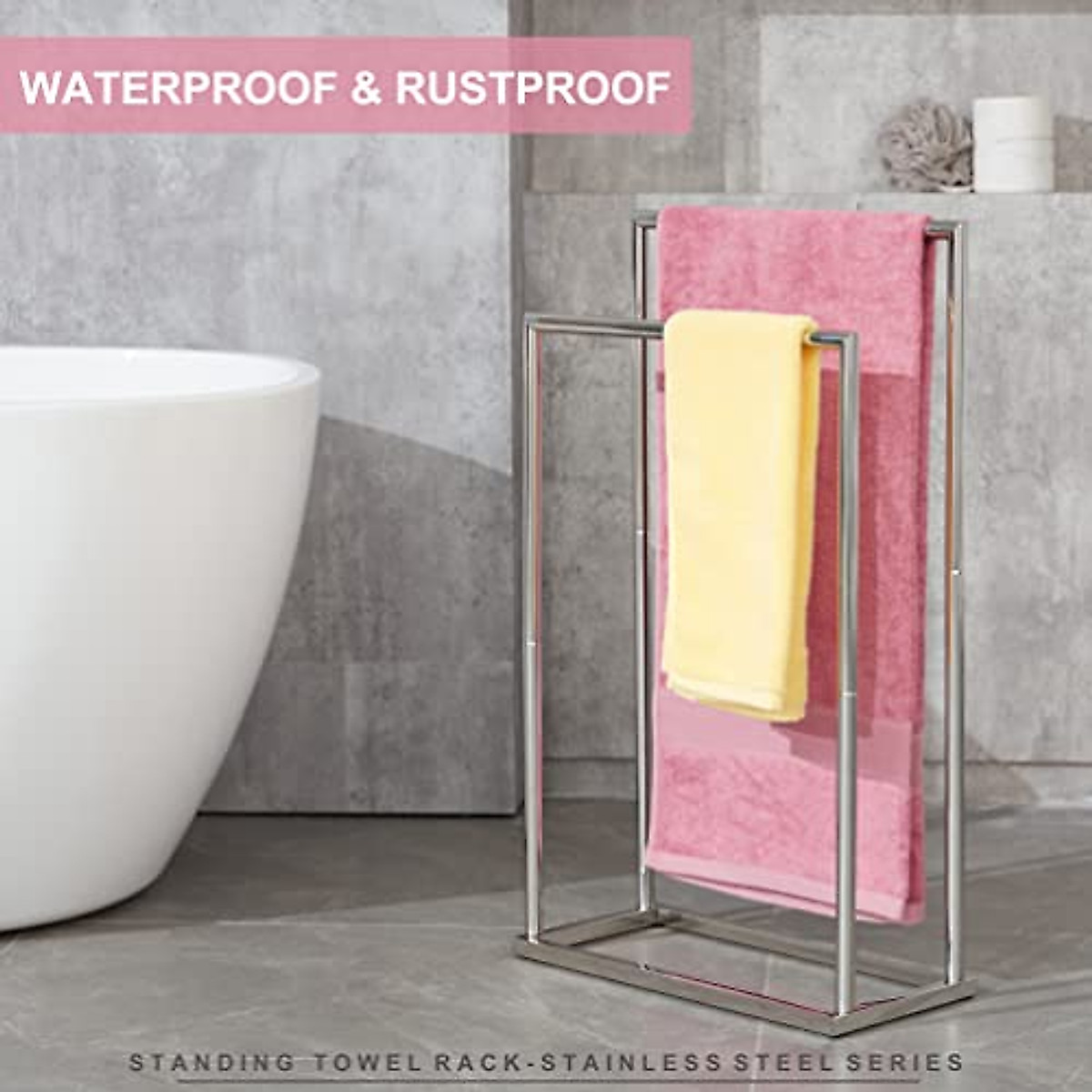 Free Standing Towel Racks for Bathroom, 2 Tier Stainless Steel Indoor Outdoor Floor Towel Rack for Hand Towel Holder Storage and Organization Modern Blanket Rack, Polished Chrome, DECLUTTR