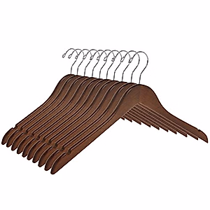 Quality Semi Curved Wooden Suit Hangers, 10-Pack Smooth Finish Solid Wood Coat Hanger with Swivel Hook, Jacket, Pant, Dress Clothes Hangers (Walnut - Chrome Hook, 10)