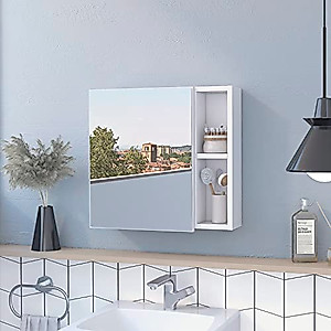 Voohek Medicine Cabinet with Three Internal, Single Door and Two External Shelves for Bathroom, a Unique Mirror, Manufactured Wood, White