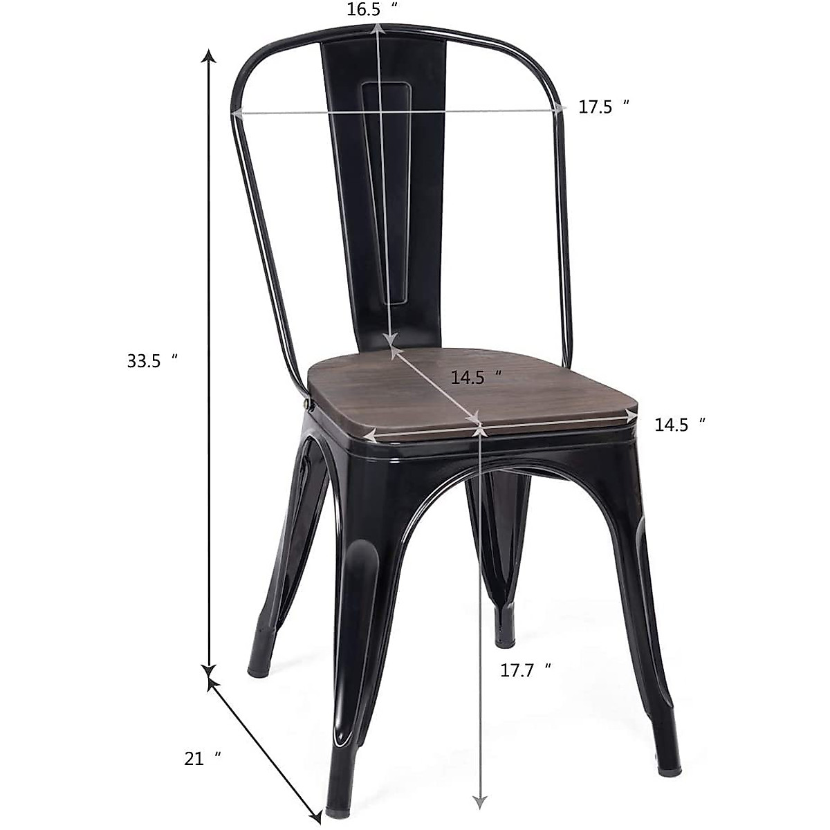 S AFSTAR 18 Inch Dining Chair Set of 4, Stackable Metal Chairs w/Wood Top Seat, Bistro Cafe Side Chair w/High Backrest for Kitchen Patio Restaurant Indoor (Black)