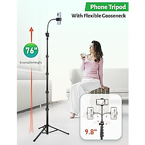 Nineigh Tripod for Cell Phone, 76" Phone Tripod with Gooseneck & Remote, Selfie Stick Portable Tripods Video Recording Photo Vlog, Compatible with iPhone Plus Cellphone Camera