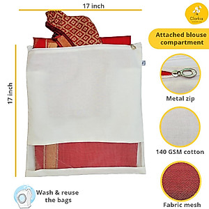 Clarkia Reusable Cotton Saree Cover with Blouse compartment big size for Storage, Wardrobe Organizer bags saree bags cotton (17x17 inches, Beige) (12)
