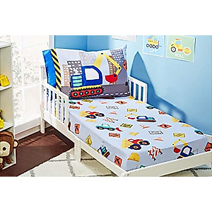 Everyday Kids Toddler Fitted Sheet and Pillowcase Set -Under Construction- Soft Breathable Microfiber Toddler Sheet Set