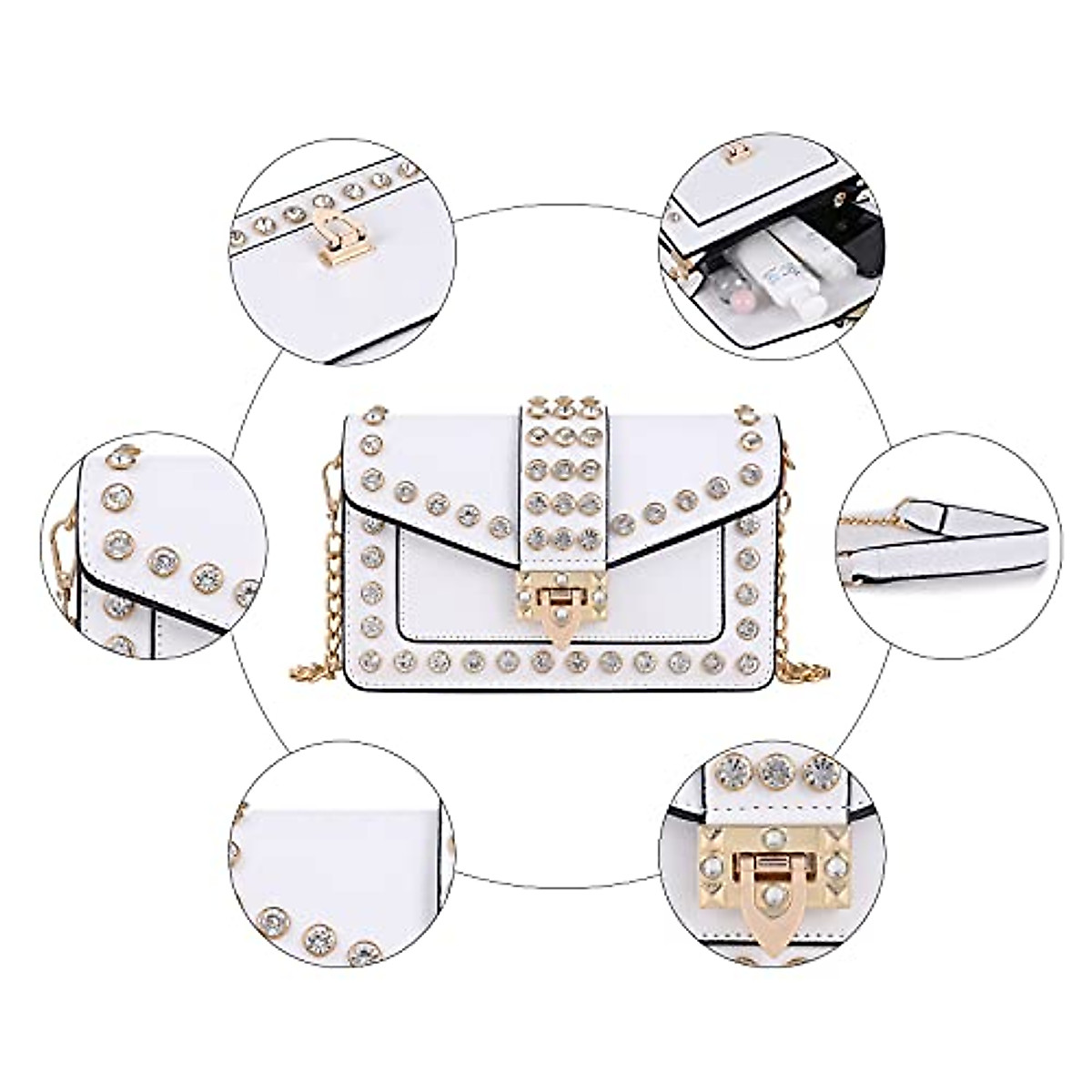 Qiayime Purses and Handbags for Women Rhinestone Fashion PU Leather Top Handle Crystal Chain Rivet Satchel Shoulder Tote Crossbody clutch Bags