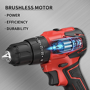 Ronghe 20V Brushless Cordless Drill, Max torque 442 In-lbs,20+3 Torque setting 3/8” Automatic Chuck, equiped with 34 pcs Drill bit set, Battery and Fast charger for Home improvement & DIY project