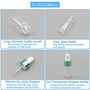 Newzoll 3ml Eye Dropper Bottles with Funnel, 18Pcs Clear Mini Glass Dropper Bottles Essential Oil Bottles Perfume Sample Vials Refillable Liquid Cosmetic Containers, Green Cap