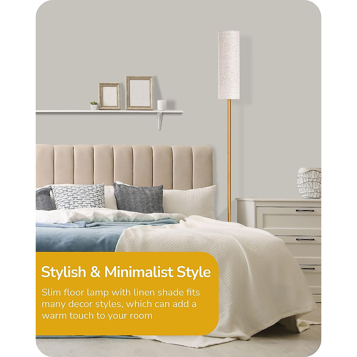 EDISHINE LED Corner Floor Lamp for Living Room, 65" Tall Standing Reading Lamp with Remote, Minimalist Dimmable Pole Lighting for Bedroom, Office, Kids Room, 9W Bulb Included, 2700K-6000K (Gold)