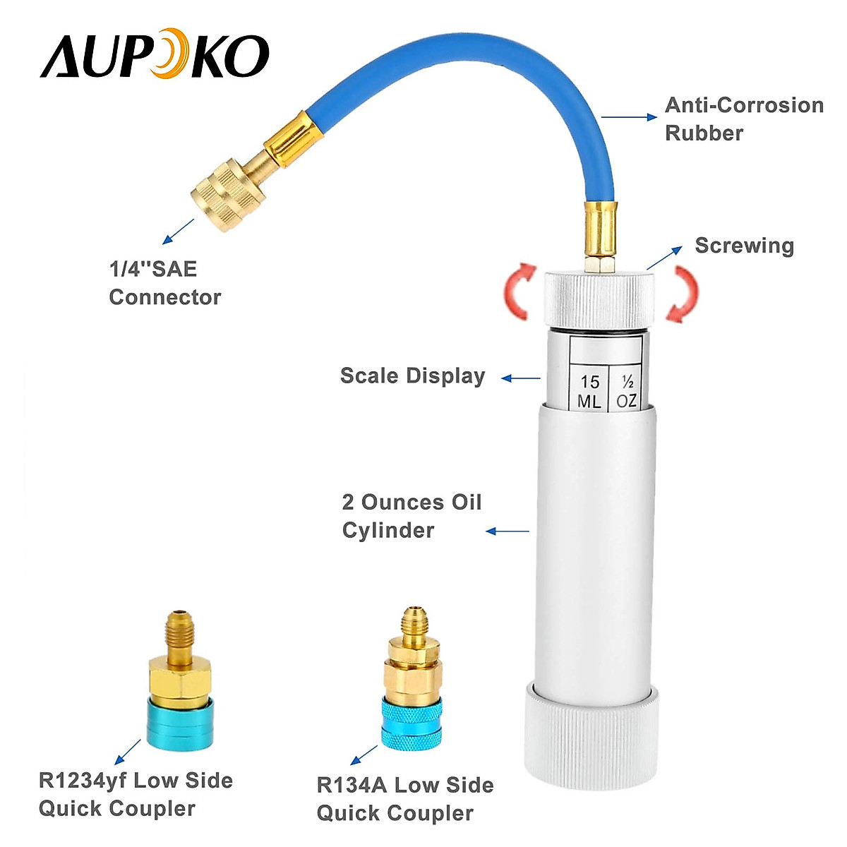 Aupoko AC Oil Injector Kit, R134A Oil Injector with R1234YF Low Side Quick Coupler, HVAC Dye Oil Injector with 1/4" SAE Connector, for R134A R22 R12 R1234YF Refrigerant System