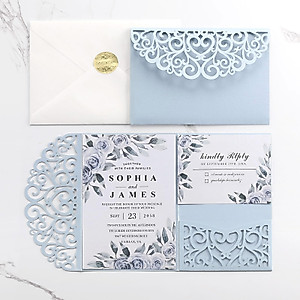 Wedding Invitations with Envelopes and RSVP Cards, Light Blue Laser Cut Invitation Pocket Blank Invitations with Envelopes and Stickers, Bridal Shower Card Birthday Party Invitations Custom 50 PCS