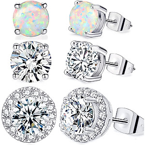 Pack of Earrings White Opal Cubic Zirconia Studs Hypoallergnic for Sensitive Ears 18K White Gold Plated
