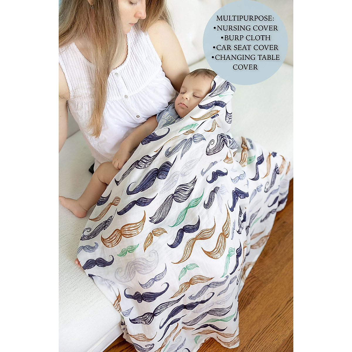 Noisy Mouse 47" x 47" Muslin Swaddle Blanket. 70% Bamboo, 30% Cotton. Little Man Mustache Pattern…