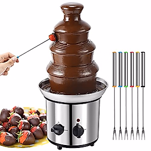Chocolate Fountain, 4 Tiers Electric Melting Machine Chocolate Fondue Fountain Set with 6pcs Stainless Steel Forks, 4-Pound Capacity, Stainless Steel Cascading Fondue Heat Motor Controls Pot for Nacho Cheese, BBQ Sauce, Ranch