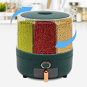BANLICALI 6 Grid Rice Dispenser, 360° Rotating Dry Rice Dispenser PET PP Kitchen Grain Storage Container with Anti-slip Pads for Store Rice and Beans Green+Clear (Medium)
