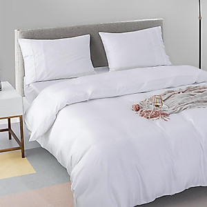 CBHME Duvet Cover Set Queen, Rayon Derived from Bamboo, 3PCS Cooling Bedding, Silky-Soft Duvet Cover Withe Corner Ties & Button Closure and 2 Envelope Pillowcases - White