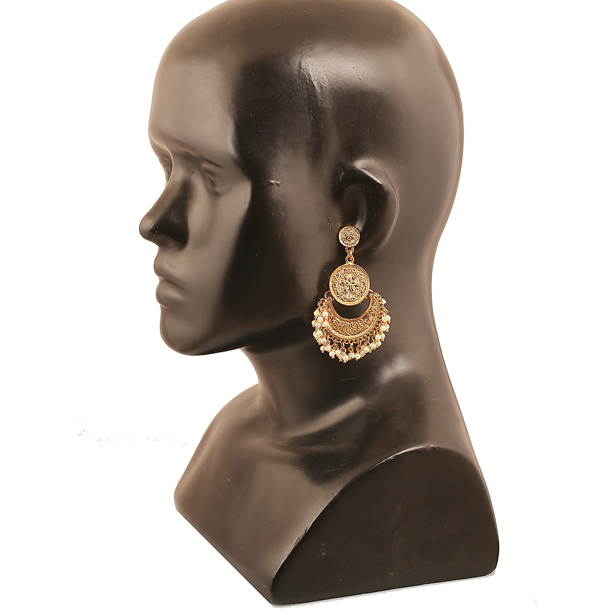 Touchstone Indian earrings for women jewelry jhumkas gold folklorico dangle bollywood wedding clip on gypsy chandbali chandelier aretes de charro navratri filigree accessories in antique gold tone.