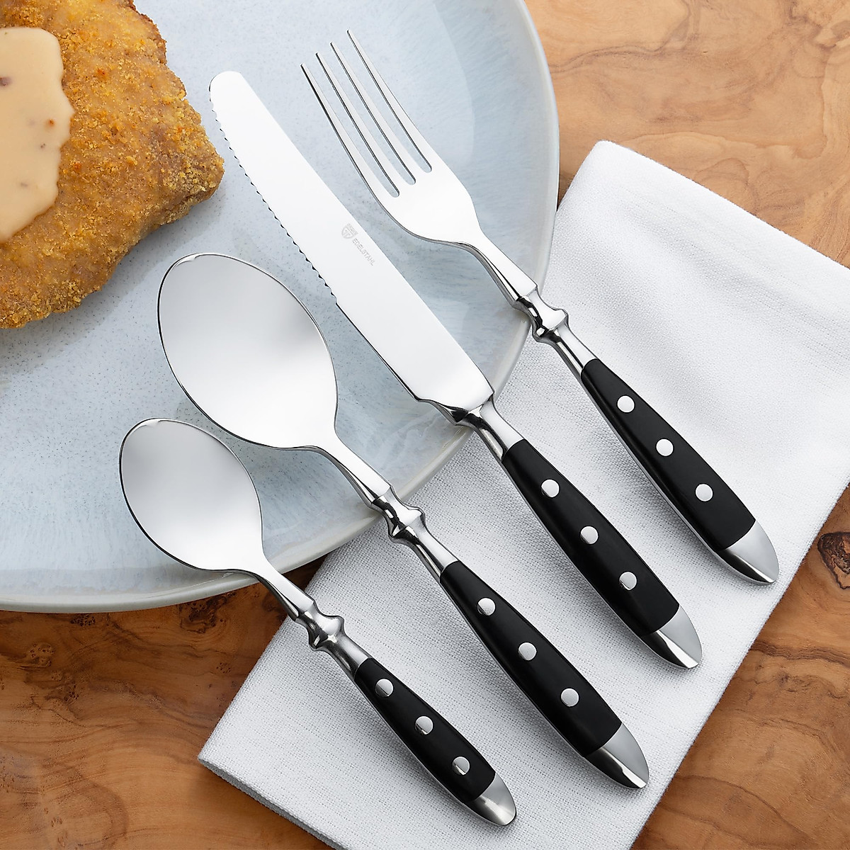 GRÄWE cutlery set for 6 persons made of stainless steel, Heavy, Rustic, Table cutlery set 24 pieces, Forged cutlery with black handles - Nuremberg Series