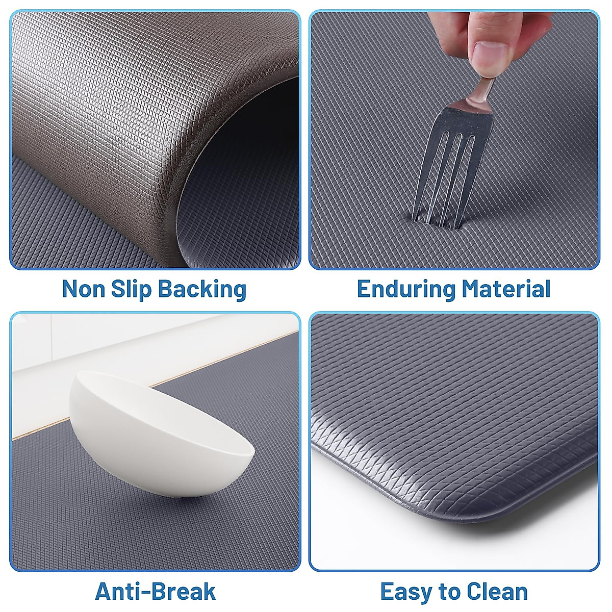 StepLively 2-Piece Anti-Fatigue Cushioned Kitchen Mat Set, Non-Skid Grey Standing Mats for Kitchen, Office, Sink - 17.3"x30" and 17.3"x47"