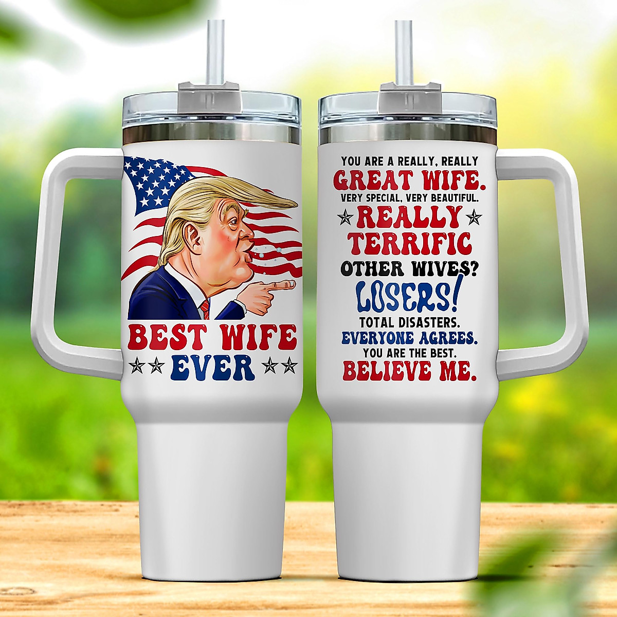 9GIFT4YOU Trump Best Wife Ever Tumbler 40 Oz With Handle, Lid and Straw - American Insulated Cup for Hot and Cold Drinks