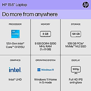 HP 15 inch Laptop, FHD Display, Intel Core i3-1215U, 8 GB RAM, 128 GB SSD, Intel UHD Graphics, Windows 11 Home in S Mode, 15-dy5599nr (2023)
